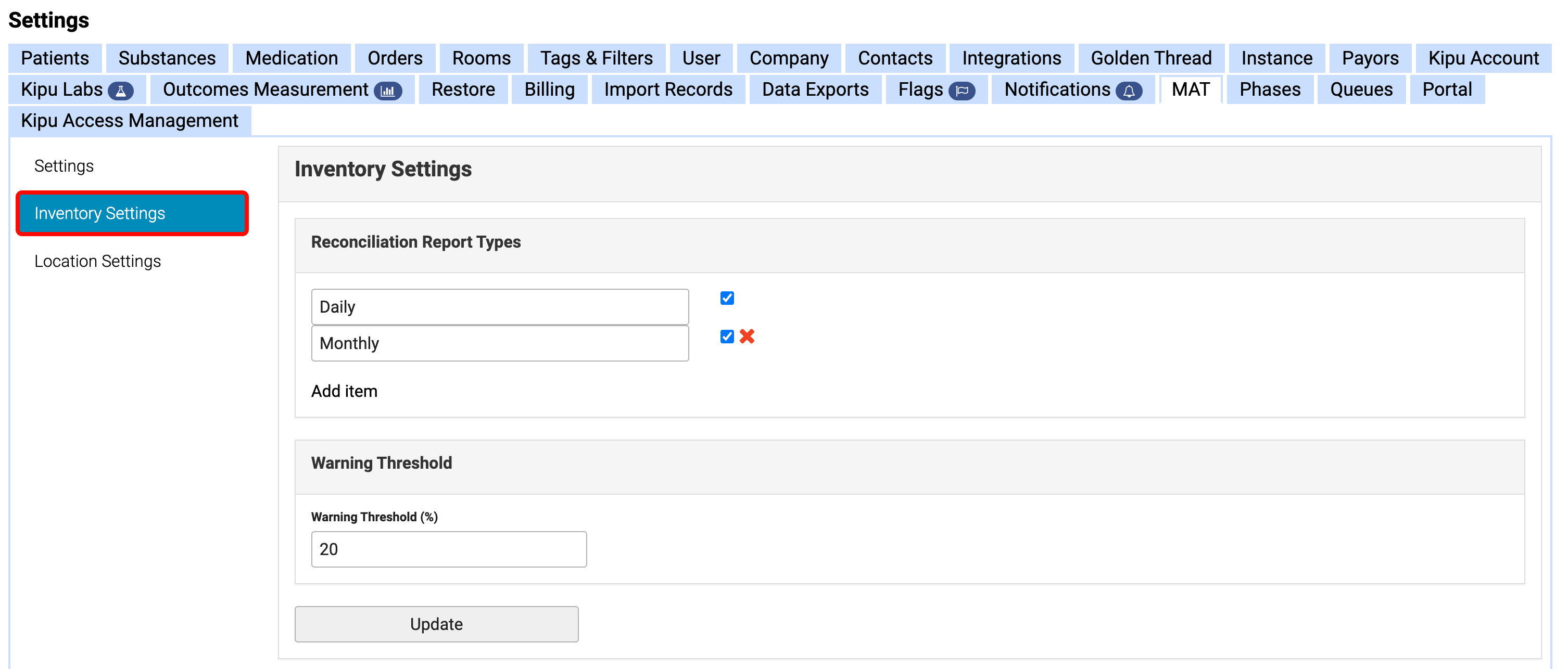 MAT Tab: Inventory Settings – Kipu Health