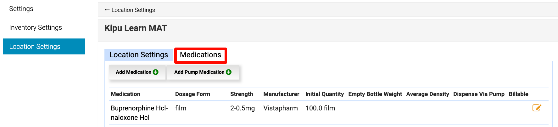 MAT Tab: Location Settings – Kipu Health