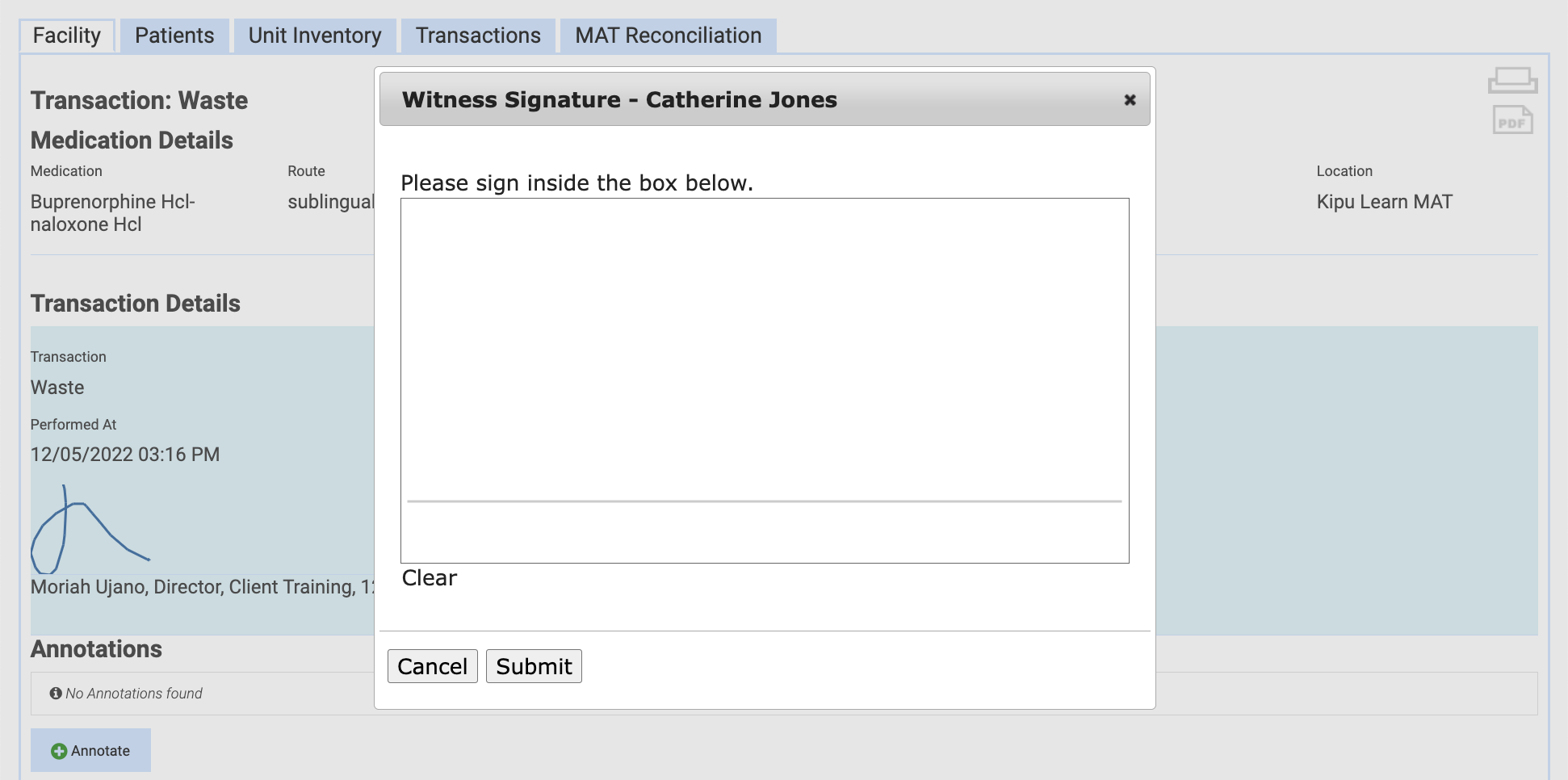 MAT Inventory: Witness Signature Workflow – Kipu Health