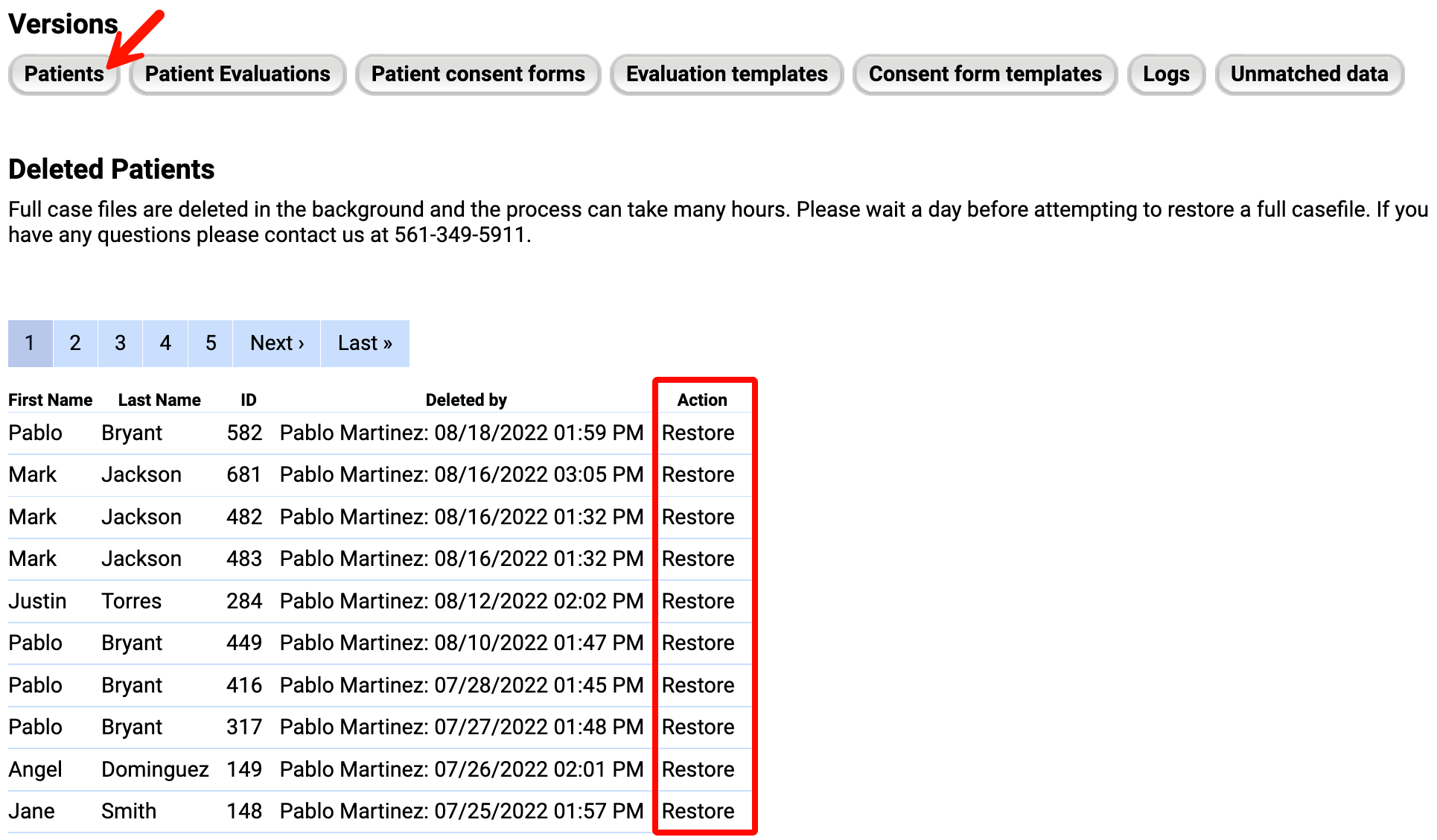 Settings: Restore Tab – Kipu Health