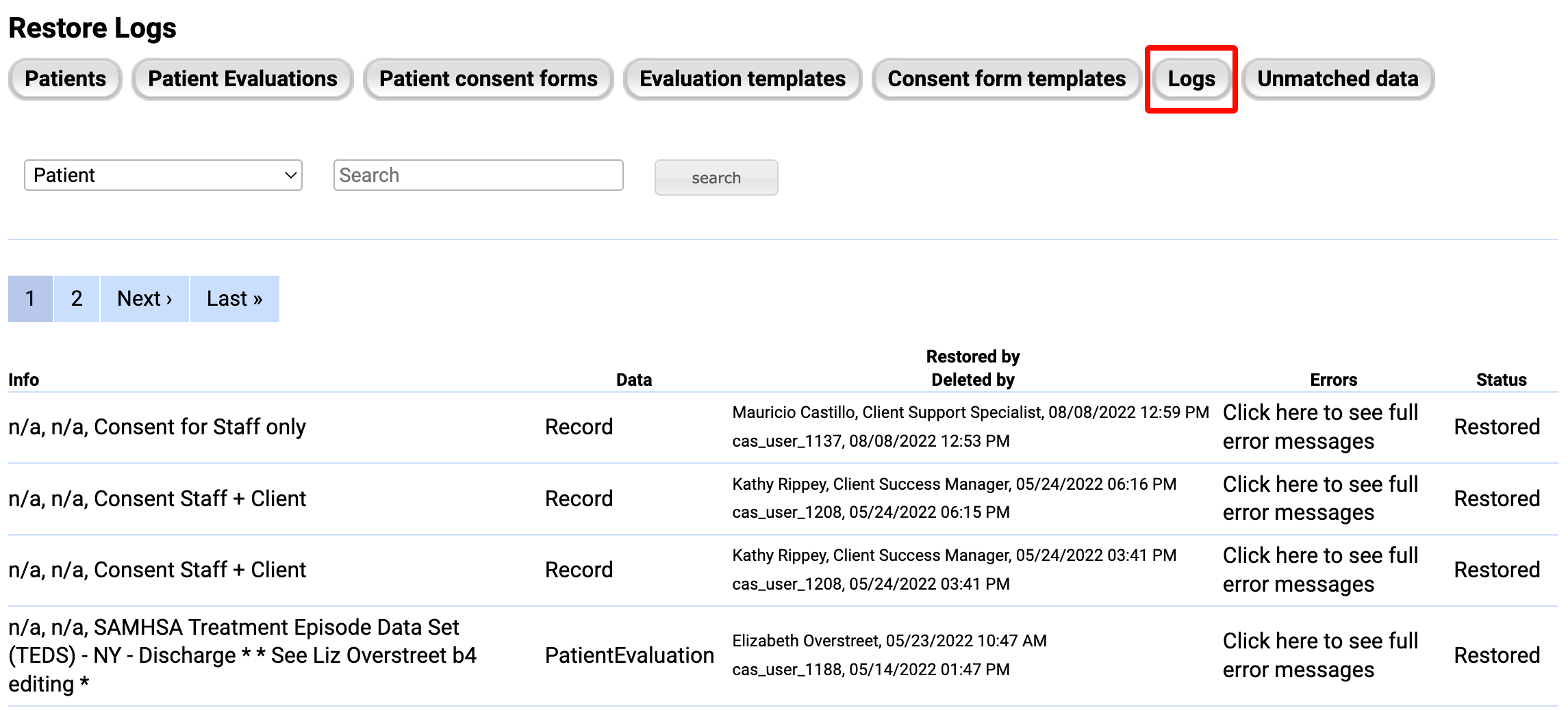 Settings: Restore Tab – Kipu Health