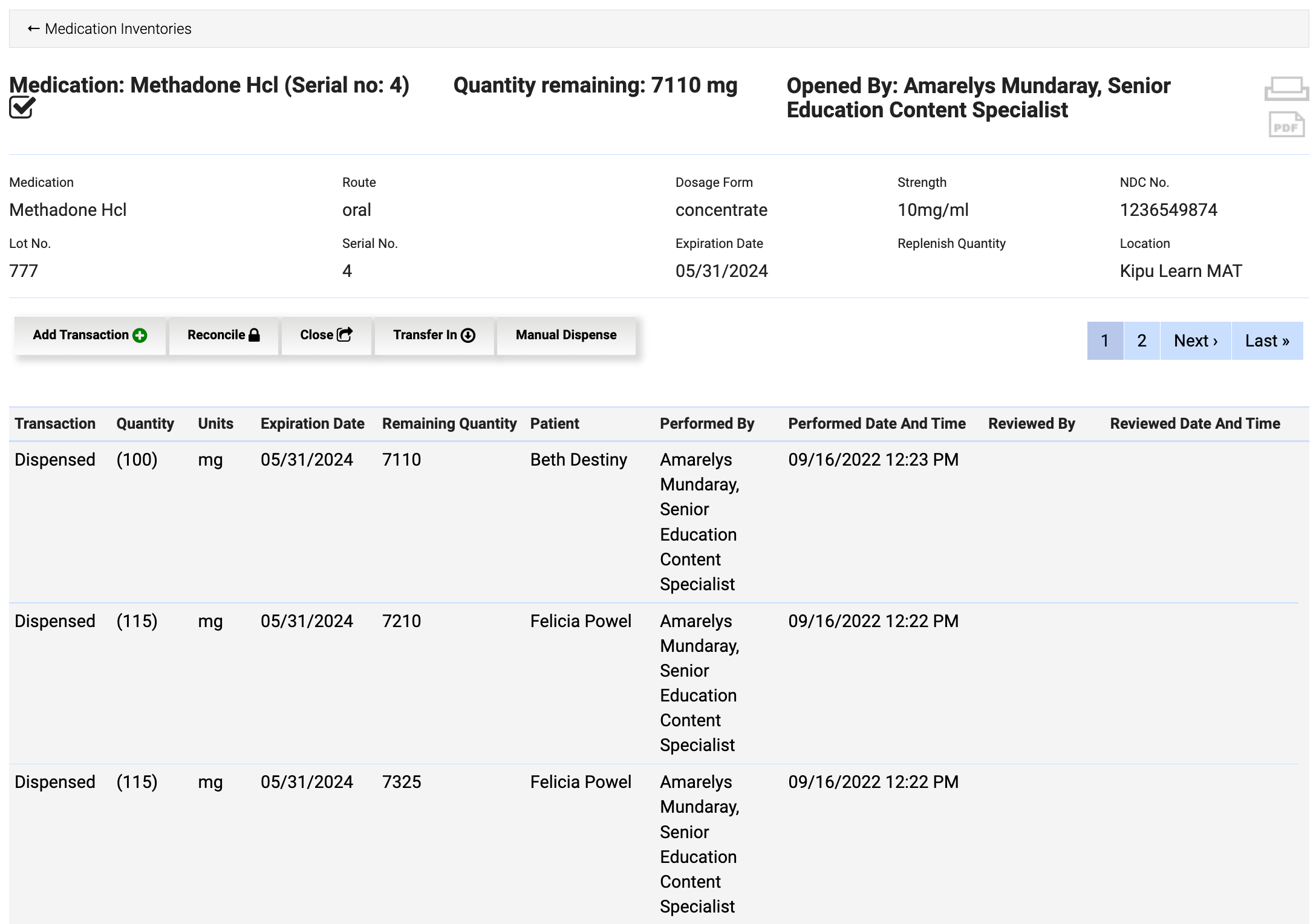 MAT Inventory Transactions Report – Kipu Health