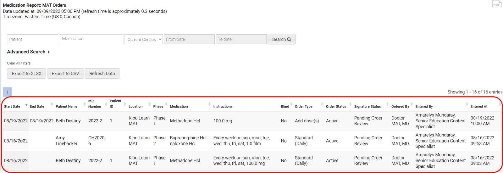 MAT Order Report – Kipu Health