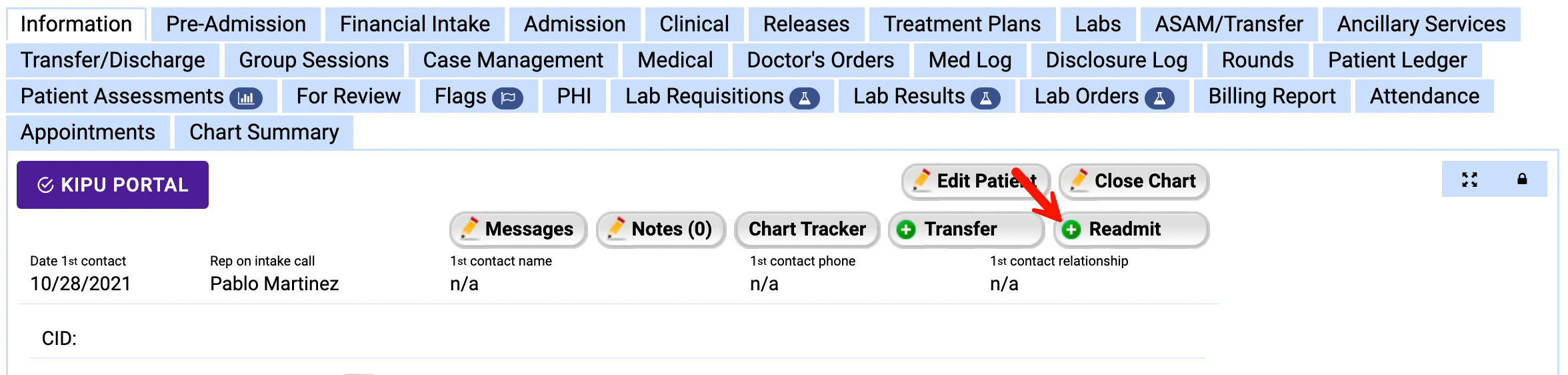 Chart Tracker: Readmit a Patient – Kipu Health