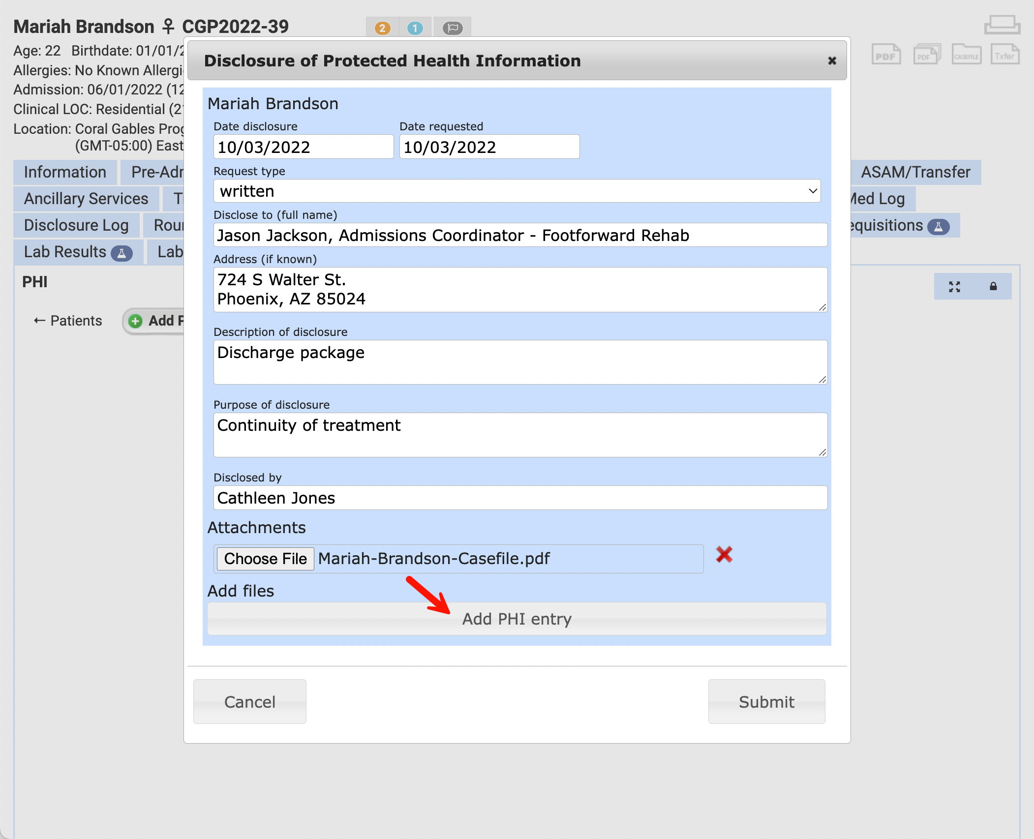 Chart: PHI Tab – Kipu Health